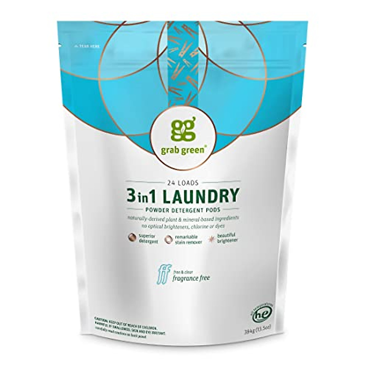 Grab Green 3-in-1 Laundry Detergent Pods, 24 Count, Fragrance Free, Plant and Mineral Based, Superior Cleaning Power, Stain Remover, Brightens Clothes
