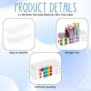 Threehoney 120 Pcs Plastic Test Tubes with Rack Set 16 x 100mm Test Tube with Caps and 60 Holes Tubes Rack for Scientific Experiments Candy Liquid Spice Seed Storage Party Decorations (White)