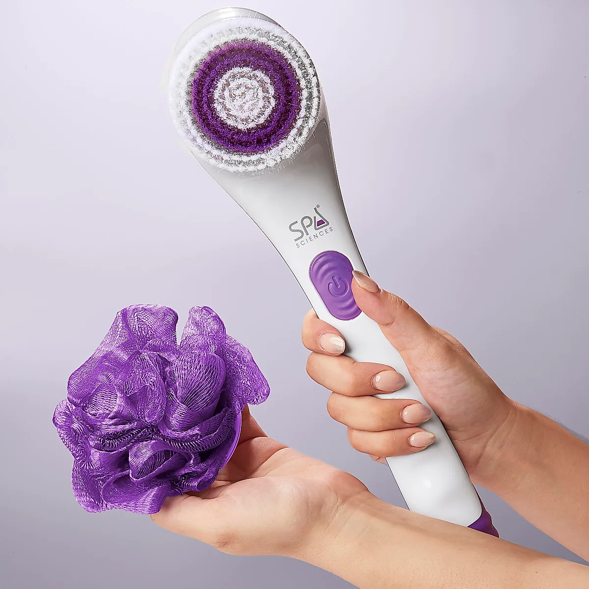 Spa Sciences - NERA - Power Shower Brush - 3-in-1 Multifunction Back & Body Brush - Exfoliation, Cleansing, Massaging - for All Skin Types - Includes Body Brush, Loofah, & Pumice Stone - USB Charging