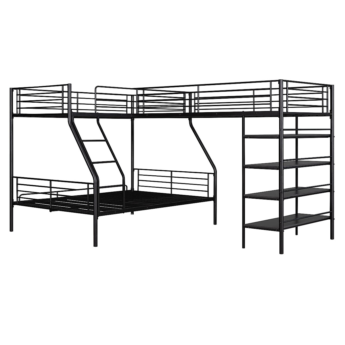 RORIGAT L-Shaped Twin Over Full Bunk Bed，Twin Size Loft Bed Full-Length Guard Rails，Triple Bunk Bed with Four Built-in Shelves and One Ladder for Bedroom, Dorm, Boys, Girls, Adults,Black