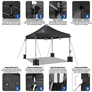 Tooluck 10x10 Pop up Canopy Commercial Heavy Duty Canopy Tent with 4 sidewalls Easy Up Outdoor Party Tent Instant Canopy All Season Windproof & Waterproof Gazebo with Roller Bag,Black(Frame Thickened)
