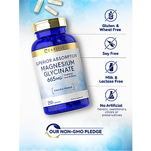 Carlyle Magnesium Glycinate | 665 mg | 250 Capsules | Non-GMO and Gluten Free Formula | Essential Buffered Mineral Supplement