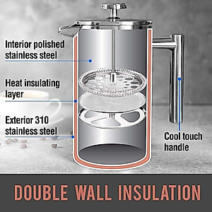 French Press Coffee Maker Stainless Steel Screen Double Walled Percolator Coffee Pot Tea Press Espresso Maker Stylish Rust Free Kitchen Accessory-Stainless Steel French Press Easy to Use