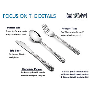 12 Piece Kids Utensils Silverware Set, E-far Stainless Steel Hammered Toddler Cutlery Child Flatware Progress Set, Small Adult Diet Tableware Include Fork Spoon Knife, Mirror Finished, Dishwasher Safe
