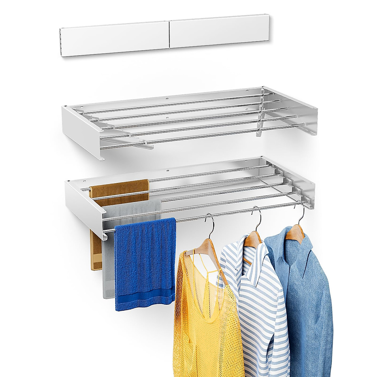 MrToNo Laundry Drying Rack Collapsible, Wall Mounted Drying Rack, Clothes Drying Rack, Retractable Drying Rack,13.2 Linear Ft, 5 Aluminum Rods, 60 lb Capacity (White, 40'')