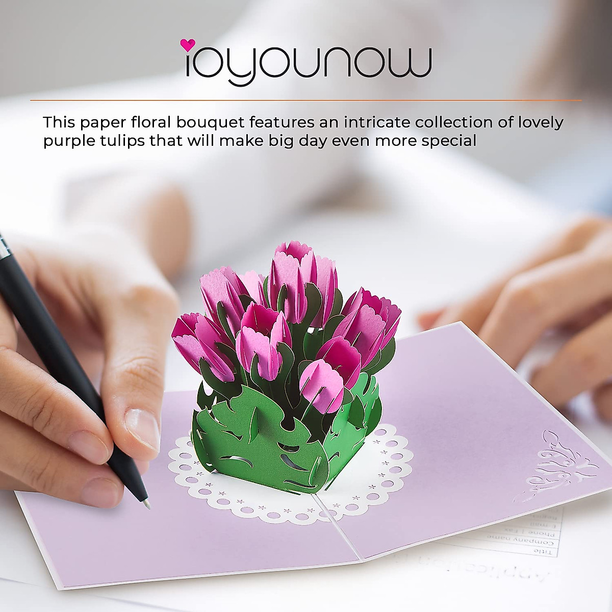 ioyounow Paper Flowers Popup Card - 5x6.75 Inch Pop Up 3D Purple Tulips Greetings Card - Happy Birthday Cards for Sisters – Best Paper Greetings, Thinking of You Gift for Women
