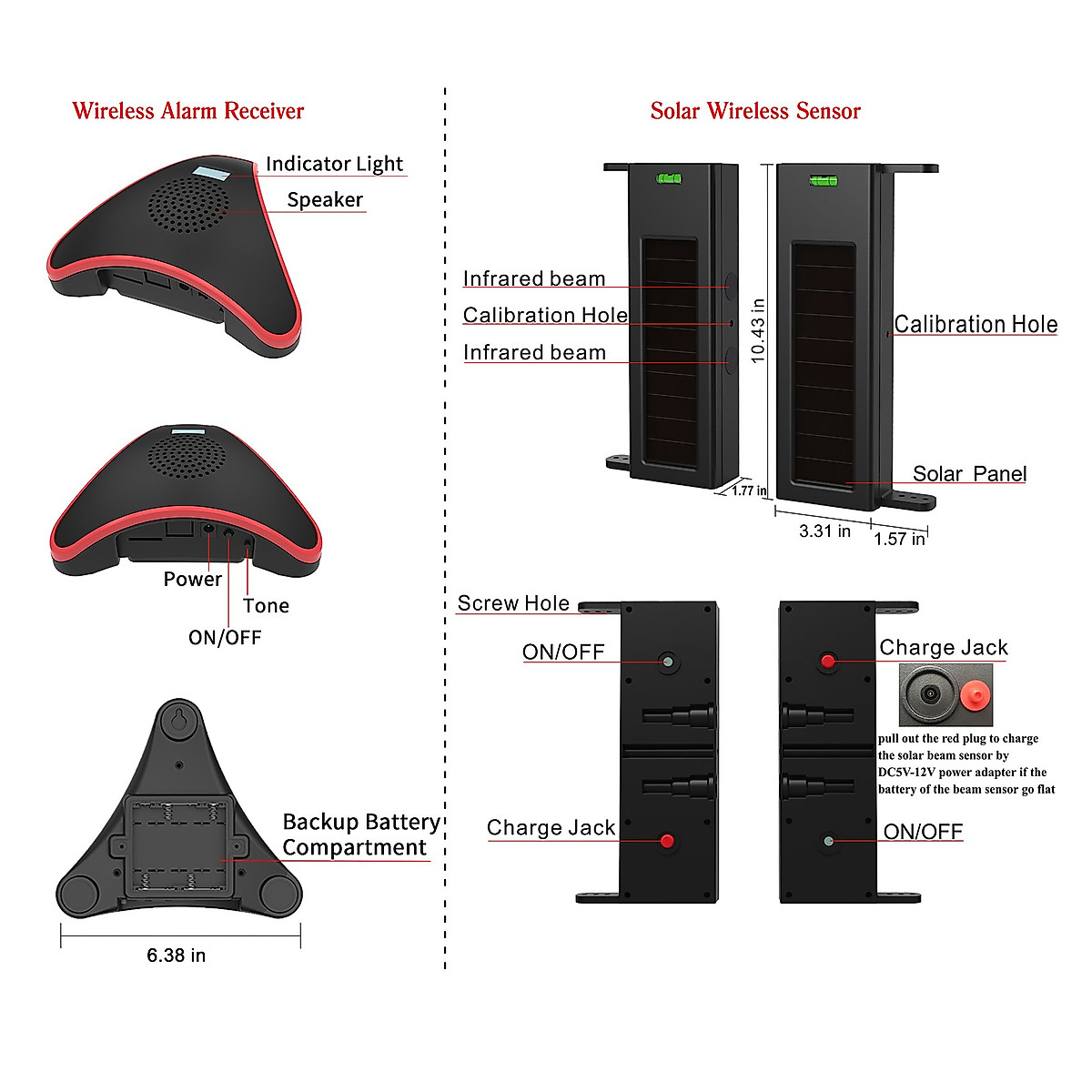 HTZSAFE Solar Wireless Driveway Alarm System- 1/4 Mile Long Transmission Range- 190 Feet Wide Sensor Range- No Wiring No Need Replace Battery- Outdoor Weatherproof DIY Security Perimeter Alert System