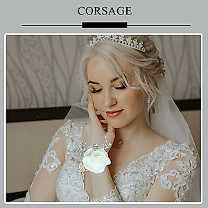 XAN Bridesmaid Wrist Flower Corsage Bride Silk Wrist Flower, with Artificial Pearl Bead Elastic Bracelet Wristband Gold Leaf, Used for Wedding Ball Hand Flower Decoration (Creamy & Wrist Flower)