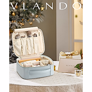 Vlando Makeup Bag, Travel Makeup Bags,Large Portable Make Up Bag Organzier with Dividers and Handle Gifts for Women Girls,Traveler,Christmas,Wedding Blue