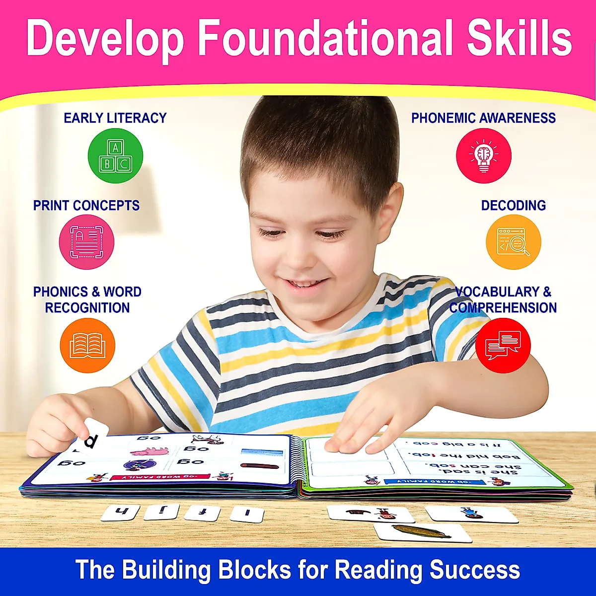 KIDDIEWIZE Learn to Read Phonics Busy Book for Beginning Readers, Montessori-Inspired Set of 3 Books for Kids Ages 3 4 5 6 7 8, 60 Learning Activities, Read in 4 Weeks with CVC Words and Sight Words