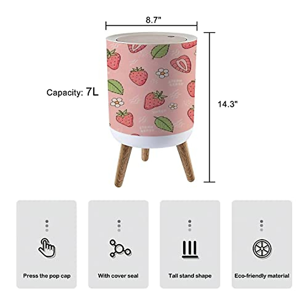 IKFLWJUTFW Small Trash Can with Lid Strawberry Cute Colorful Strawberries Flowers and Leaves in 7 Liter Round Garbage Elasticity Press Cover Wastebasket for Kitchen Bathroom Office 1.8 Gallon