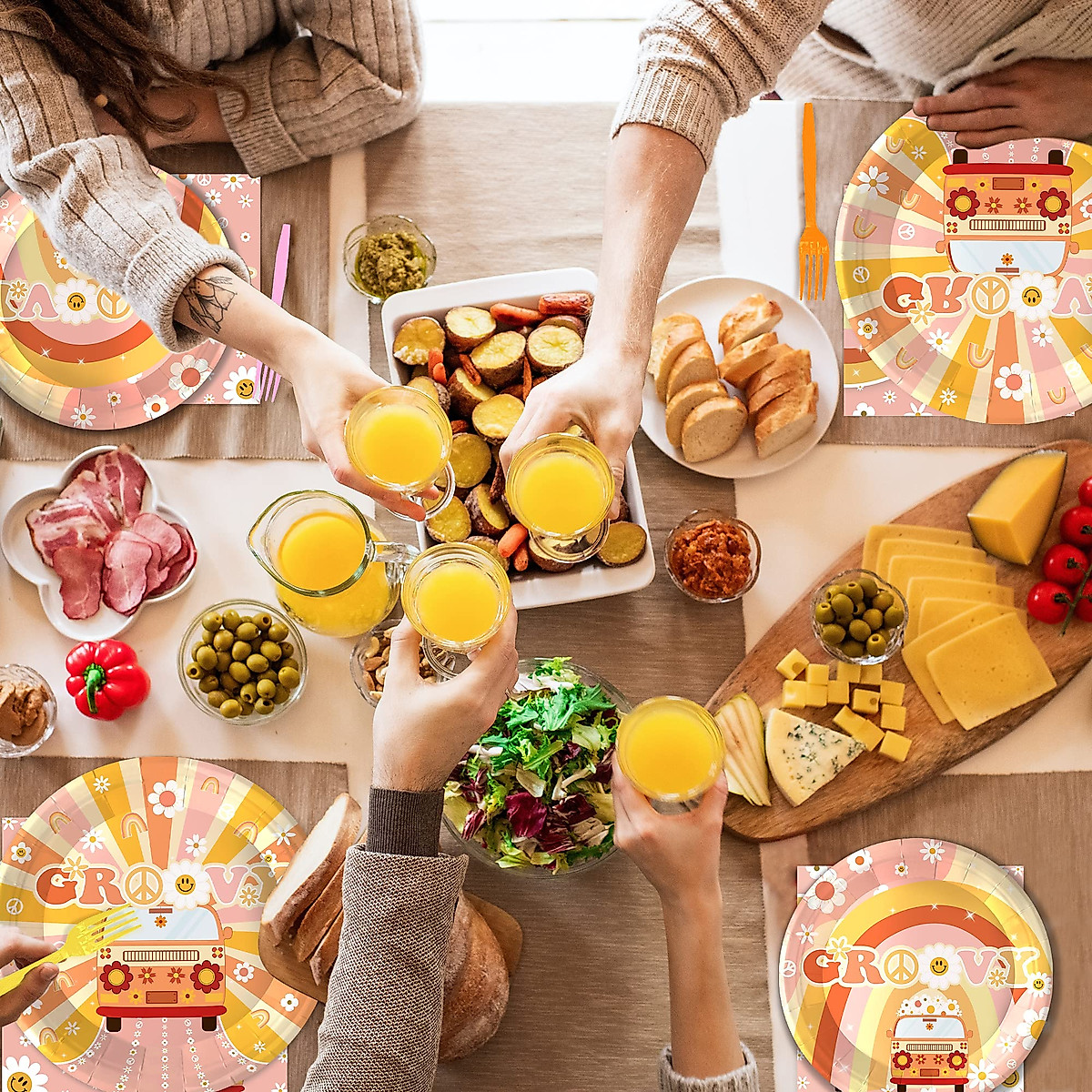 Oigco 120PCS Groovy Birthday Party Supplies Hippie Boho Plates Napkins Cups Retro Daisy Flower 60's Style Party Supplies for Girls Happy Birthday Tableware Set for 24 Guests