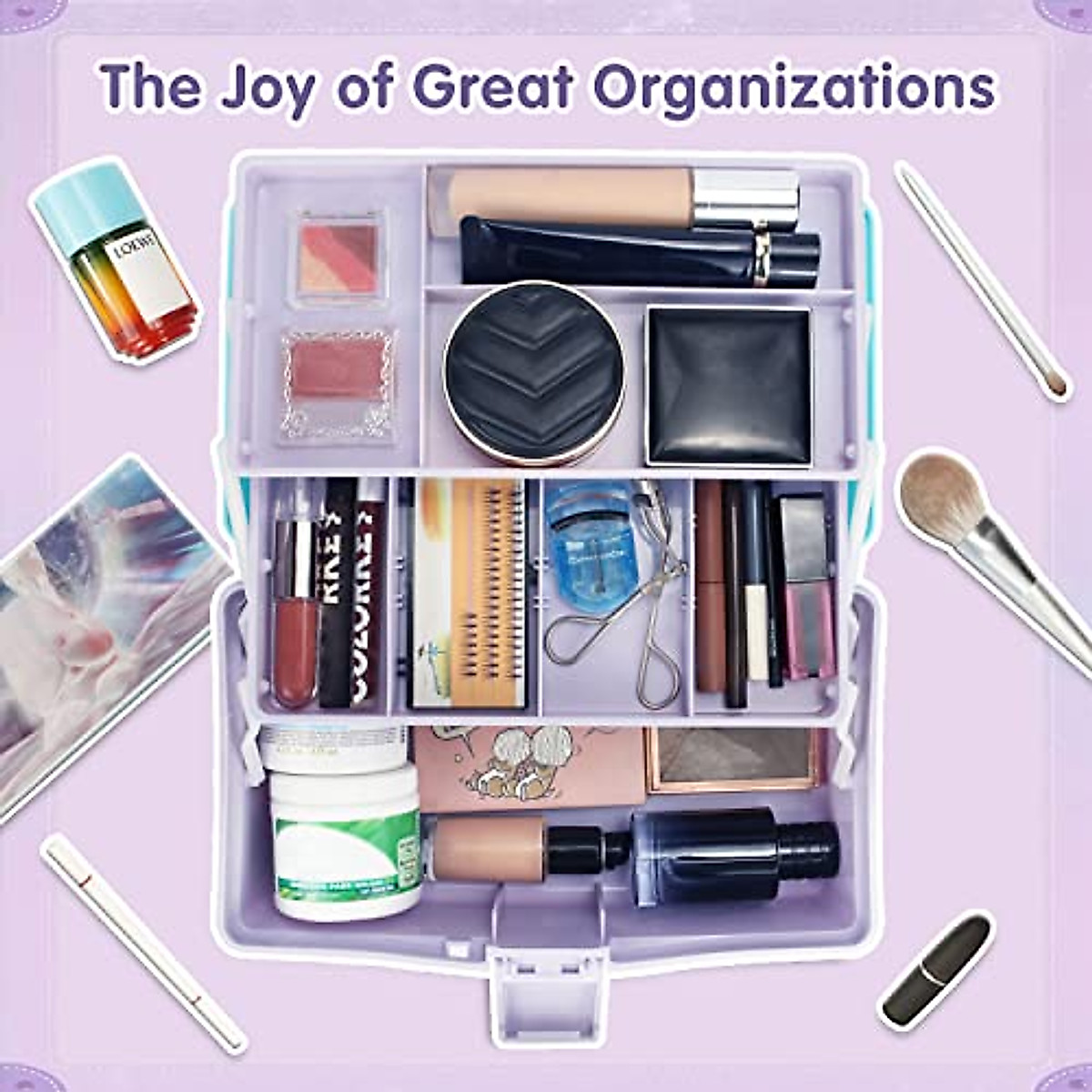 TERGOO 12in Three-Layer Multipurpose Storage Box Organizer Folding Tool Box/Art & Crafts Case/Sewing Supplies Organizer/Medicine Box/Family First Aid Box with 2 Trays (Purple Blue)