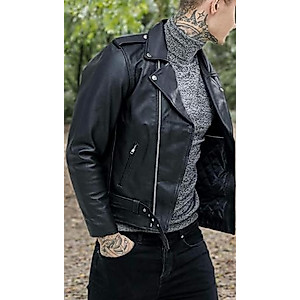 Lishow Fashion Men's Biker Rider Motorcycle Motorbike Rocker Retro Genuine Cowhide Leather jacket By Reclaimed Vintage (US, Alpha, Small, Regular, Regular, Black)