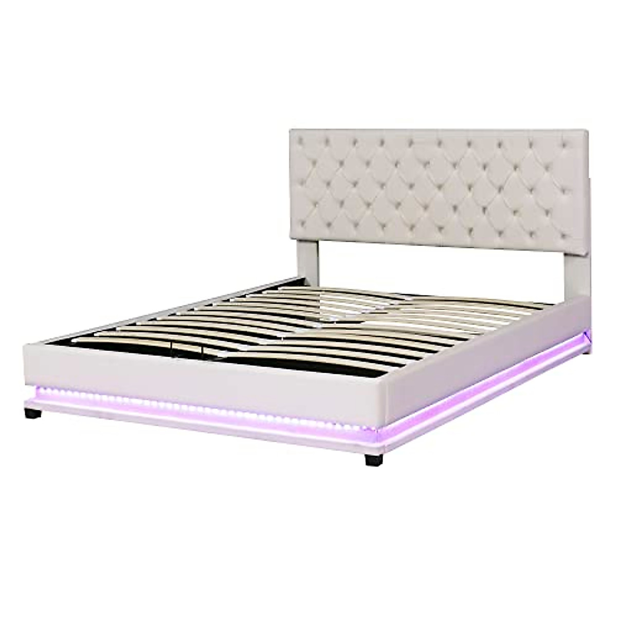 Lift Up Queen Size Storage Bed with LED Light, Velvet Upholstered Platform Bed with Adjustable Headboard, Modern Button Tufted Queen Bed Frame, No Box Spring Needed, White