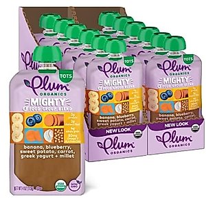 Plum Organics Mighty 4 Organic Toddler Food - Banana, Blueberry, Sweet Potato, Carrot, Greek Yogurt, and Millet - 4 oz Pouch (Pack of 12) - Organic Fruit and Vegetable Toddler Food Pouch