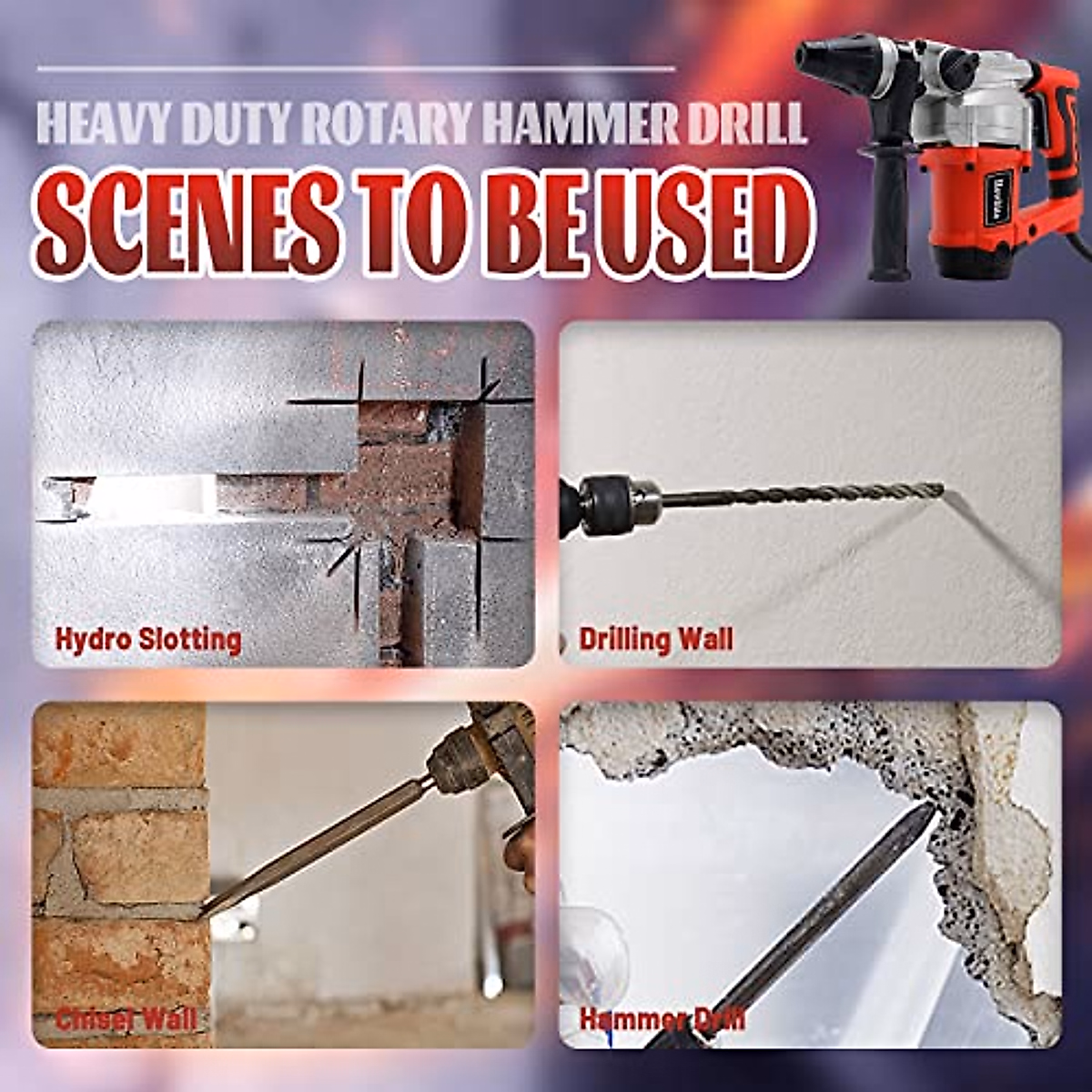 1-1/4 Inch SDS-Plus 13 Amp Heavy Duty Rotary Hammer Drill 3 Functions with Vibration Control Including Grease, Chisels and Drill Bits with Case, Gloves and Carrying Case