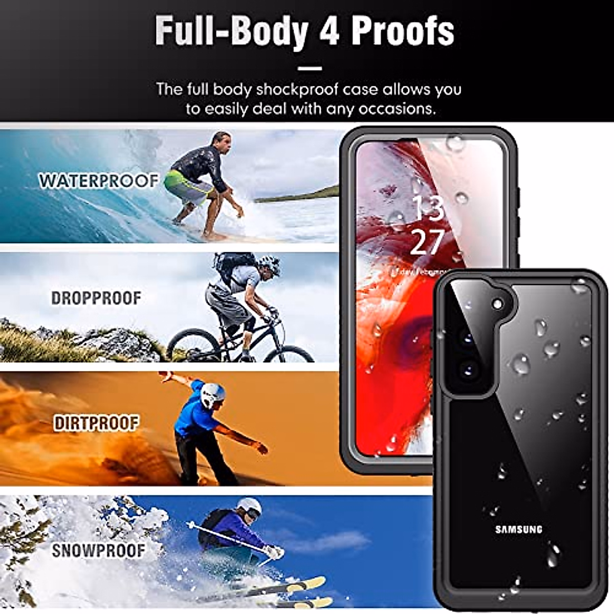 AMILIFECASES Clear Samsung Galaxy S23 Case,with Screen Protector,Waterproof Protective Case for Men Women,Samsung Phone Heavy Duty Shock Proof,Black
