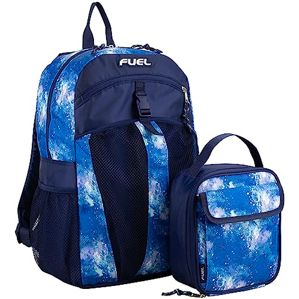 FUEL Backpack with Lunch Box Combo – 18” Two Compartment Water Resistant Durable Adjustable Straps with Side Water Bottle Pockets 2 in 1 Set - Light Blue Galaxy