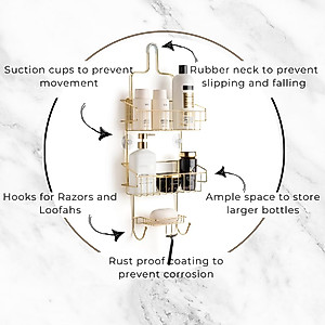 SIMPLI COZY Large Iron Gold Shower Caddy – No Drilling Required – Two-Tier Storage – Razor & Loofah Holders – Ideal for Modern & Clean Aesthetic Decor 4.5" D x 12" W x 27" H
