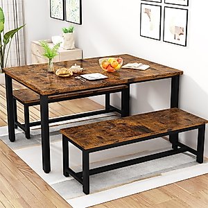 AWQM Dining Room Table Set, Kitchen Table Set with 2 Benches, Ideal for Home, Kitchen and Dining Room, Breakfast Table of 47.2x28.7x28.7 inches, Benches of 40.5x11.0x17.7 inches, Rustic Brown