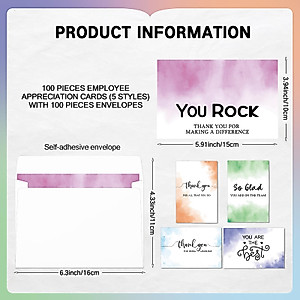 Jetec 100 Set Employee Appreciation Cards with Envelopes Thank You Gifts for Staff Team Inspirational Greeting Cards Work Anniversary Birthday Appreciation Cards, Watercolor Design