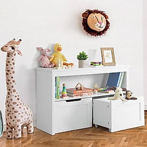 CAPHAUS Toy Storage Organizer with 2 Wheeled Drawers, White, Playroom Organization and Storage, Floor Toy Box with Wheels and Shelf, for Kids, Boys and Girls, Nursery, Playroom and Bedroom