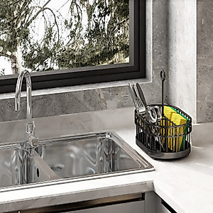 GILLAS Utensil Caddy, Cutlery Silverware Organizer For Forks, Spoons, Knives, Napkins And Desk Supplies, Storage Basket With 4 Compartments (Black)