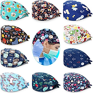 SATINIOR 10 Pieces Bouffant Caps with Buttons Colorful Printed Tie Back Caps Unisex Hats with Sweatband for Women Men Favors