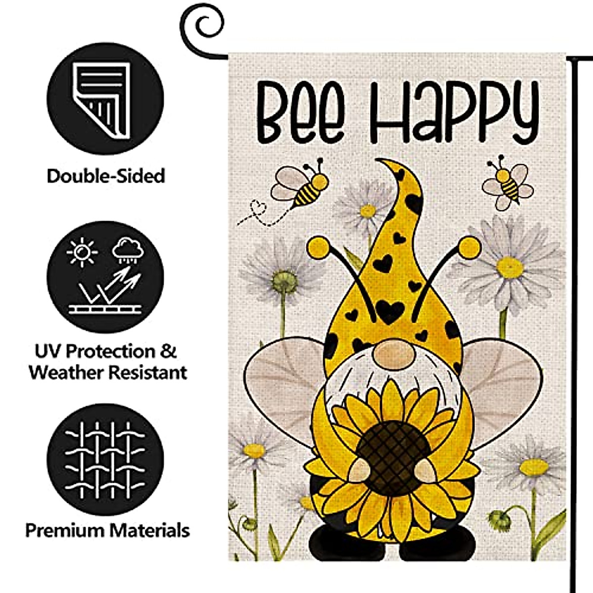 Texupday Bee Happy Gnome With Sunflower Daisy Decoration Double Sided Burlap Garden Flag Spring Summer Seasonal Outdoor Yard Flag 12" x 18"
