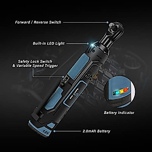 C P CHANTPOWER Cordless Ratchet Wrench Set, 3/8'' 37 Ft-lbs 12V Power Ratchet Wrench with 1H Fast Charge, Variable Speeds, 2 x 2.0Ah Lithium-Ion Batteries and 10 Sockets