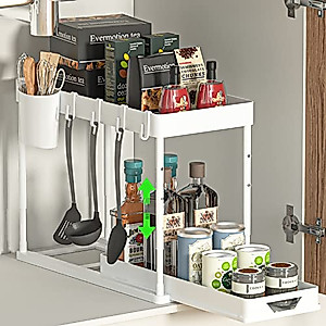 Under Sink Organizers And Storage Liftable Sink Shelf, ONADAK 2 Tier Sliding Under Bathroom Cabinet Organizer Drawer with 4 Hooks & 1 Hanging Cup Under Kitchen Sink Storage Bathroom Organizer(White)