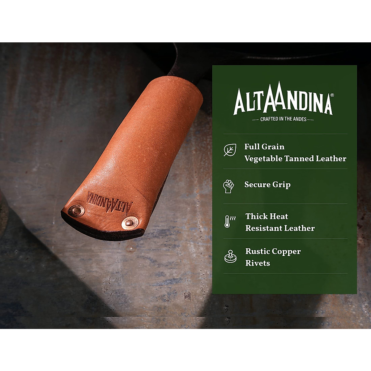 Alta Andina Leather Skillet Handle Cover | Rustic Copper Rivets | Vegetable Tanned Leather Hot Handle Holder for Cast Iron Skillets & Cookware (Brown – Miel)