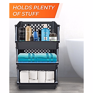 Skywin TidyFriend Large Plastic Stackable Storage Bins for Pantry Black - 3-Pack, Large Stackable Bins For Organizing Food, Kitchen, and Bathroom Essentials (Rhombus)