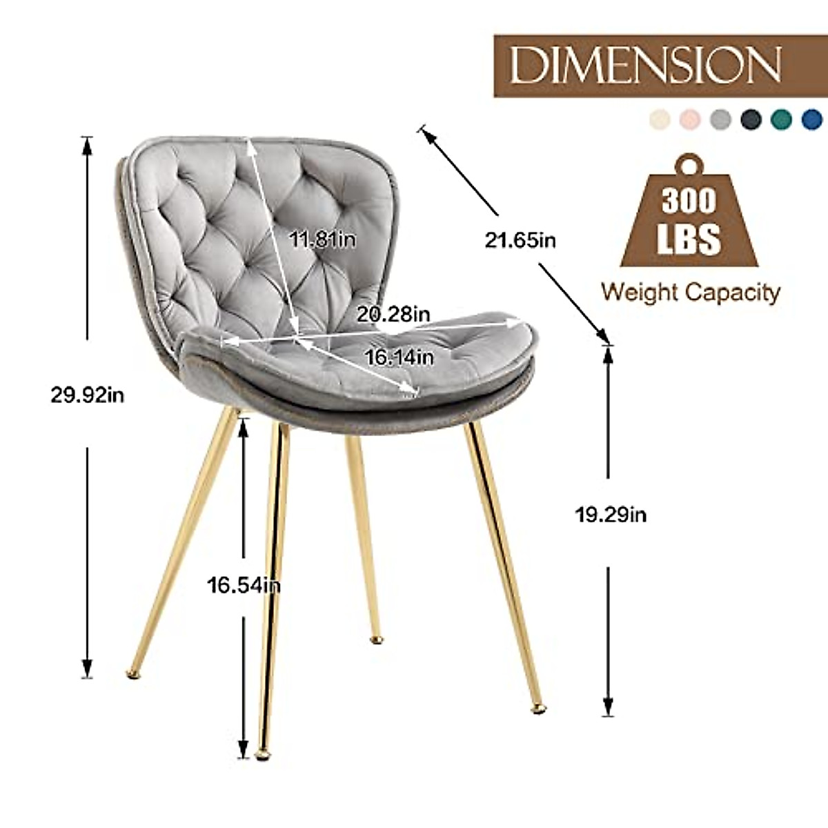 KINFFICT Modern Velvet Dining Chairs Set of 2, Upholstered Kitchen Chair, Mid Century Dinner Chair with Golden Metal Ring, Comfy Accent Chair for Dining Room, Living Room, Vanity Room, Grey