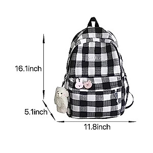 MININAI Plaid Backpack with Kawaii Pins and Pendant Cute Korean Preppy Aesthetic Book Bag Casual Daypack Fit 15.6 Inch Laptop (One Size,Black)