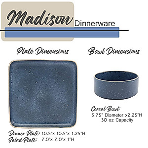 Tabletops Gallery Madison Fashion Dinnerware Collection- Square Contemporary Modern Reactive Glaze Dinner Salad Plate Bowl 4 Place Setting, 12 Piece Madison Dinnerware set in Speckled Grey