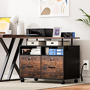 Naice File Cabinet with Charging Station, Lateral File Cabinets with 2 Lock Drawers, Wood Filing Cabinet for Home Office Printer Stand, 2 Storage Shelves, Letter/A4 Size Hanging File Folders