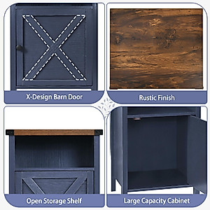 Farmhouse Nightstand, End Table, End Tables with Barn Door and Shelf, Modern Bed Side Table Rustic Nightstands Set for Bedroom, Living Room, Set of 2, Navy Blue