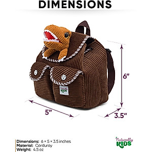 Naturally KIDS Mini Dinosaur Backpack - Very Small Toddler Backpack for Girls Boys - Dinosaur Toys for Kids 3-5 - Little Brown Backpack - Tiny T Rex