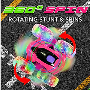Contixo RC Stunt Car 4WD 2.4Ghz - Double Sided 360° Rotating Remote Control Toy with Lights, for Boys & Girls Age 4-12 Pink