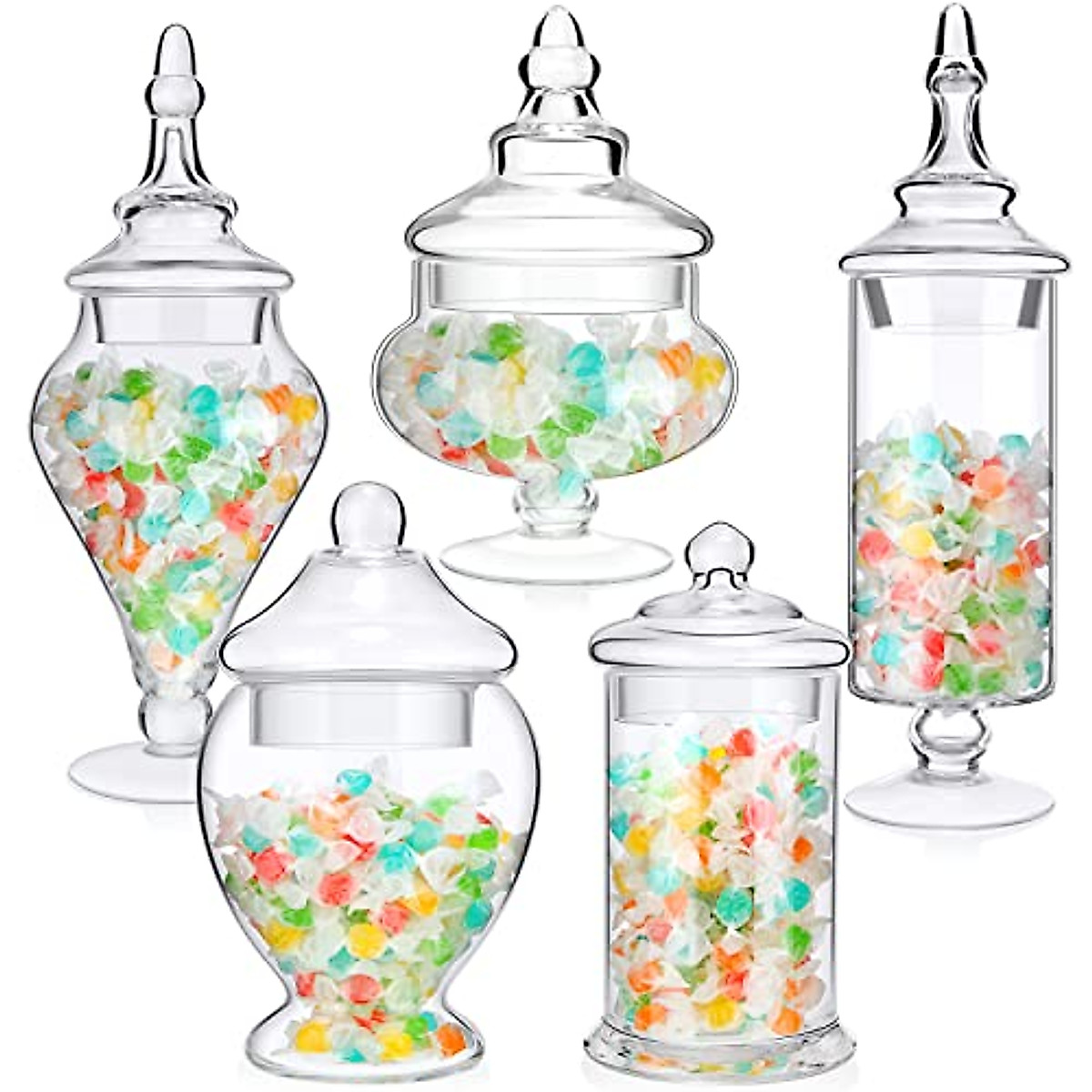 5 Pieces Glass Apothecary Jars with Lids Large Candy Buffet Display Decorative Jars Clear Storage Jars Candy Bar Organizer Canisters for Kitchen Bathroom Wedding Party, 5 Shapes