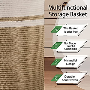 OIAHOMY Laundry Hamper Cotton Rope laundry Basket, 58L Large Woven Clothes Hamper, Collapsible Laundry Baskets with Handles, Nursery Hamper, Storage Clothes Blanket Toys in Bedroom, Baby Room (Yellow)