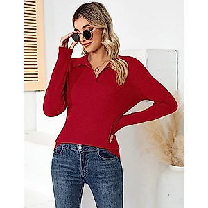 Romanstii Collared Sweaters for Women Knitted Long Sleeve V Neck Fitted Polo Shirts Trendy Winter Pullover Tops,Red,M