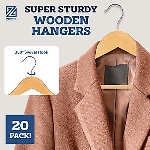 Zober Wooden Hangers 20 Pack - Non Slip Wood Clothes Hanger for Suits, Pants, Jackets w/ Bar & Cut Notches - Heavy Duty Clothing Hanger Set - Coat Hangers for Closet - Natural