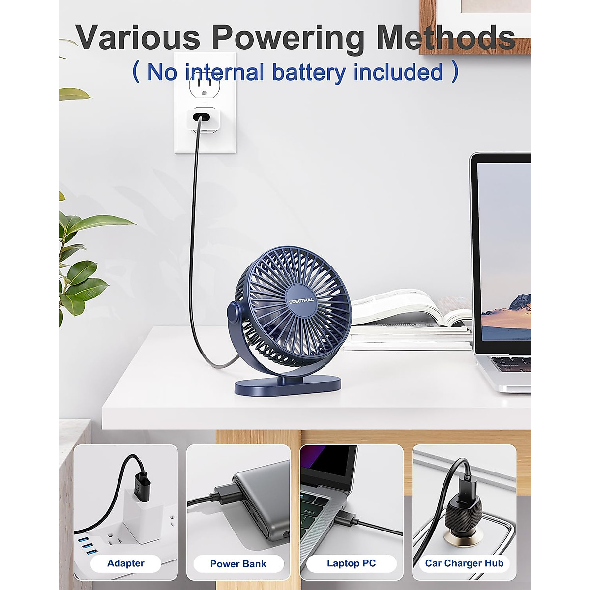 SWEETFULL USB Desk Fan Small Quiet - 3 Speeds Mini Personal Portable Fan 360° Rotation Adjustable, 5 Inch Office Table Cooling Gadgets on Desktop (Blue)