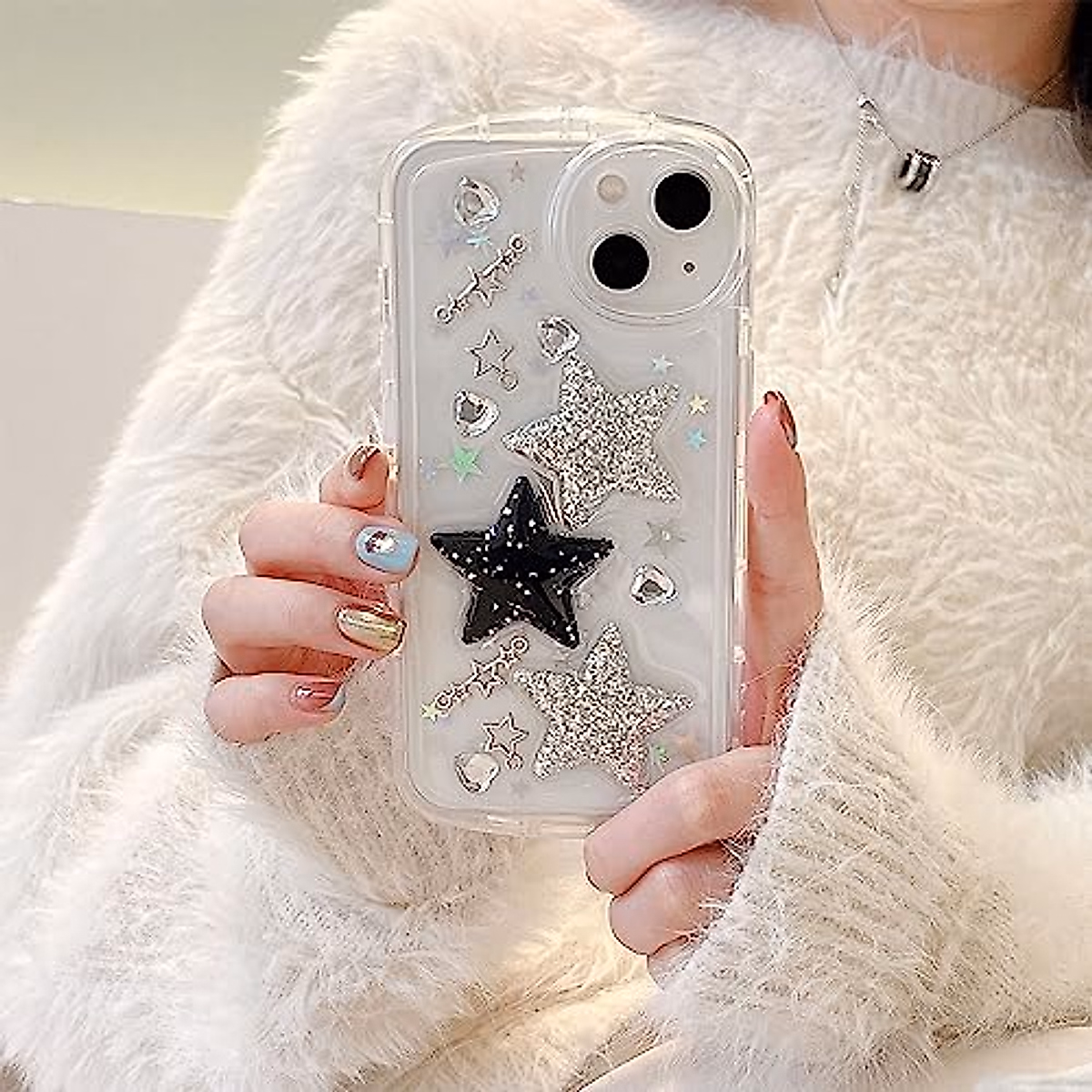 Faneiy for iPhone 11 Case with Phone Charm Chain Accessories Cute 3D Sparkle Shiny Stars Rhinestone Clear Phone Case Women Girl Aesthetic Camera Protection Shockproof Case for iPhone 11-6.1''