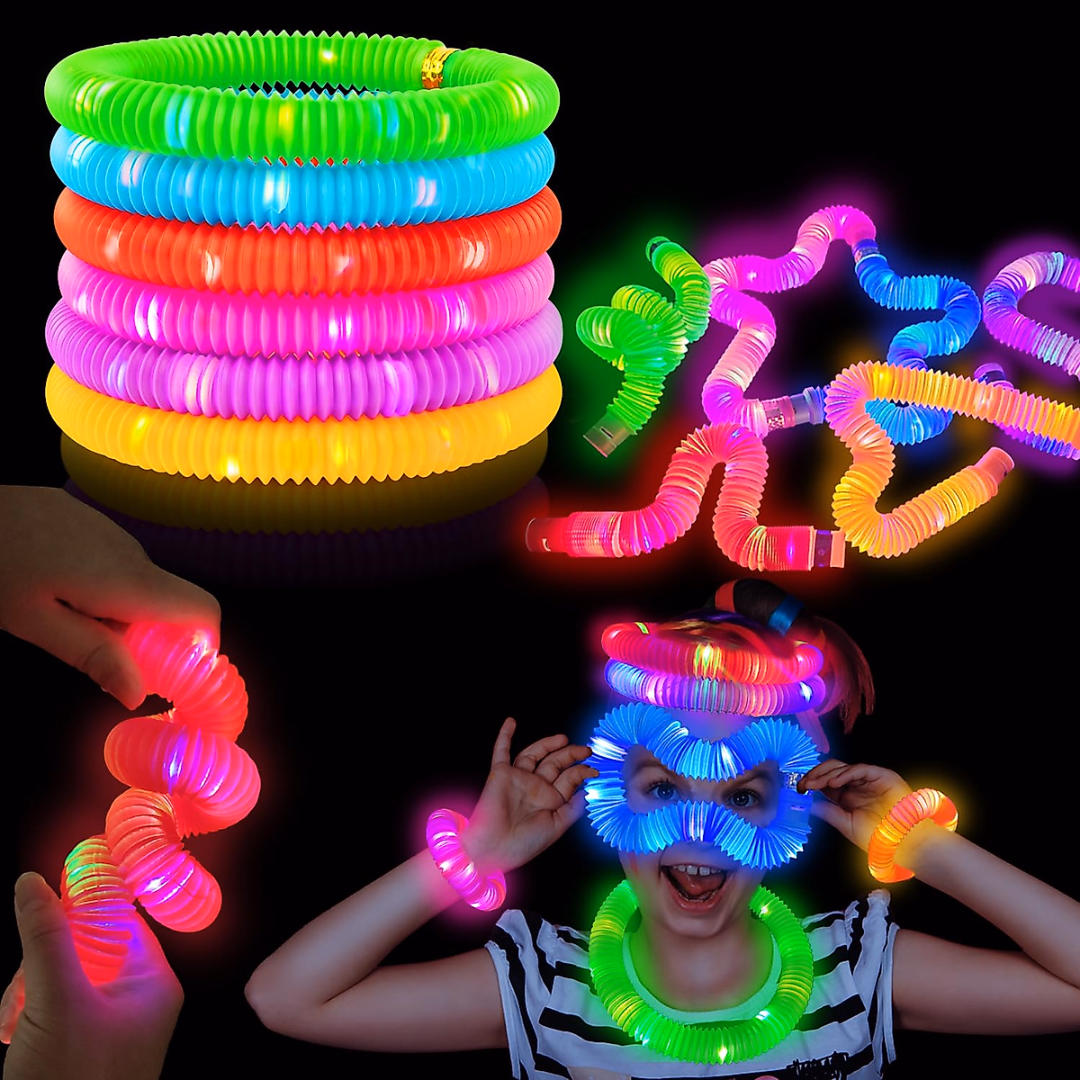 Easter Basket Stuffers for Toddlers -6 PCS,Light Up Pop Tubes Toys Gifts for Kids,Glow Sticks Party Favors,LED Bracelets Necklaces Accessories for Children,Camping Essentials Camp Fun for Boys Girls