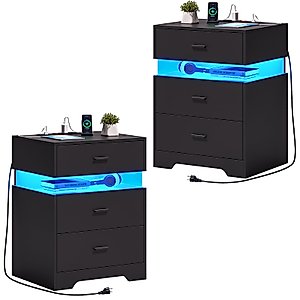 Hasuit Black Night Stand Set of 2 with LED Lights and Charging Station, Modern Nightstand with 3 Drawers, Bedside Tables/End Table for Bedroom