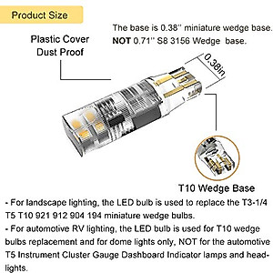 Noobibaba T5 Wedge Base LED Bulb 12V, T5 T10 Wedge Base LED Bulbs 12V Low Voltage Landscape, 1.5 Watt Replace 7W 11W Incandecent Bulb for Path Light RV Lights 2700K Warm White 10-Count